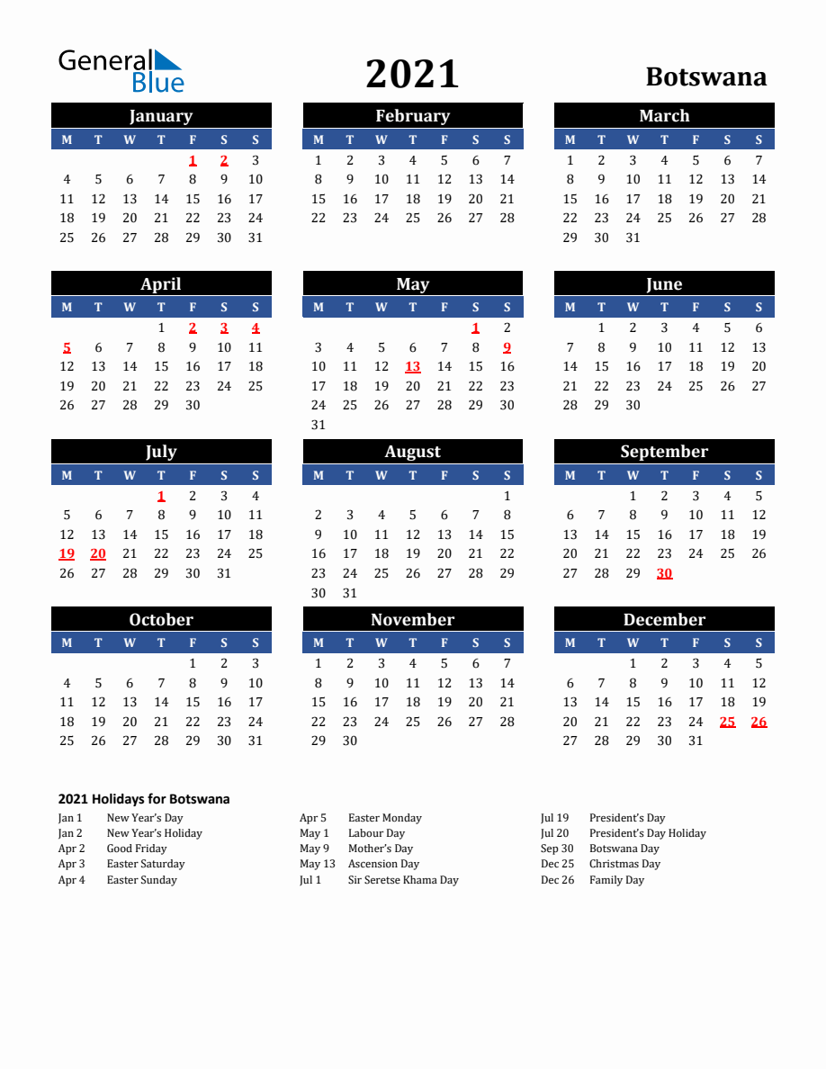 2021 Botswana Holiday Calendar - Monday Start