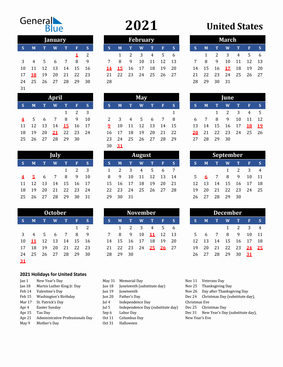 2021 Us Holidays Printable List Calendar Template Printable