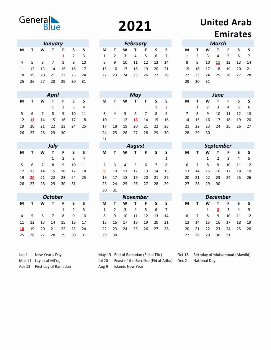 2021 Yearly Calendar for United Arab Emirates with Holidays - Monday Start