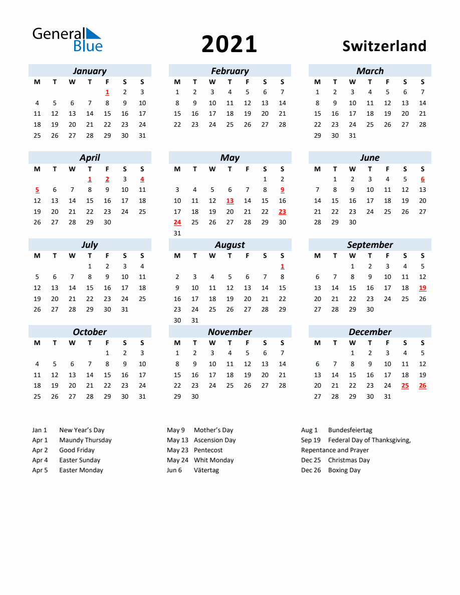 2021 Yearly Calendar for Switzerland with Holidays - Monday Start