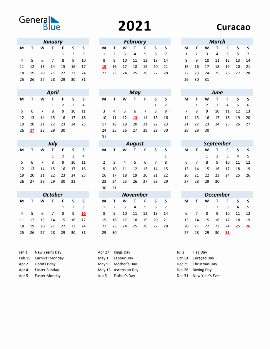 2021 Yearly Calendar for Curacao with Holidays - Monday Start