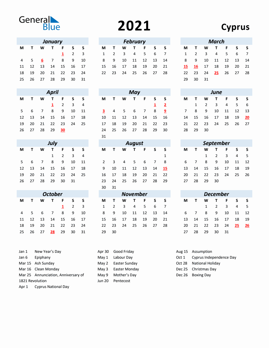 2021 Yearly Calendar for Cyprus with Holidays - Monday Start