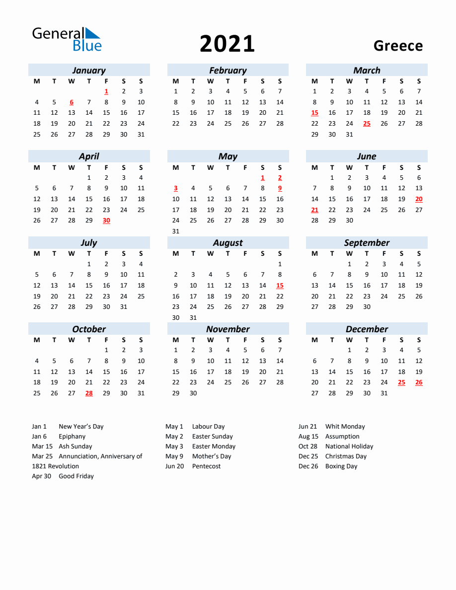 2021 Yearly Calendar for Greece with Holidays - Monday Start