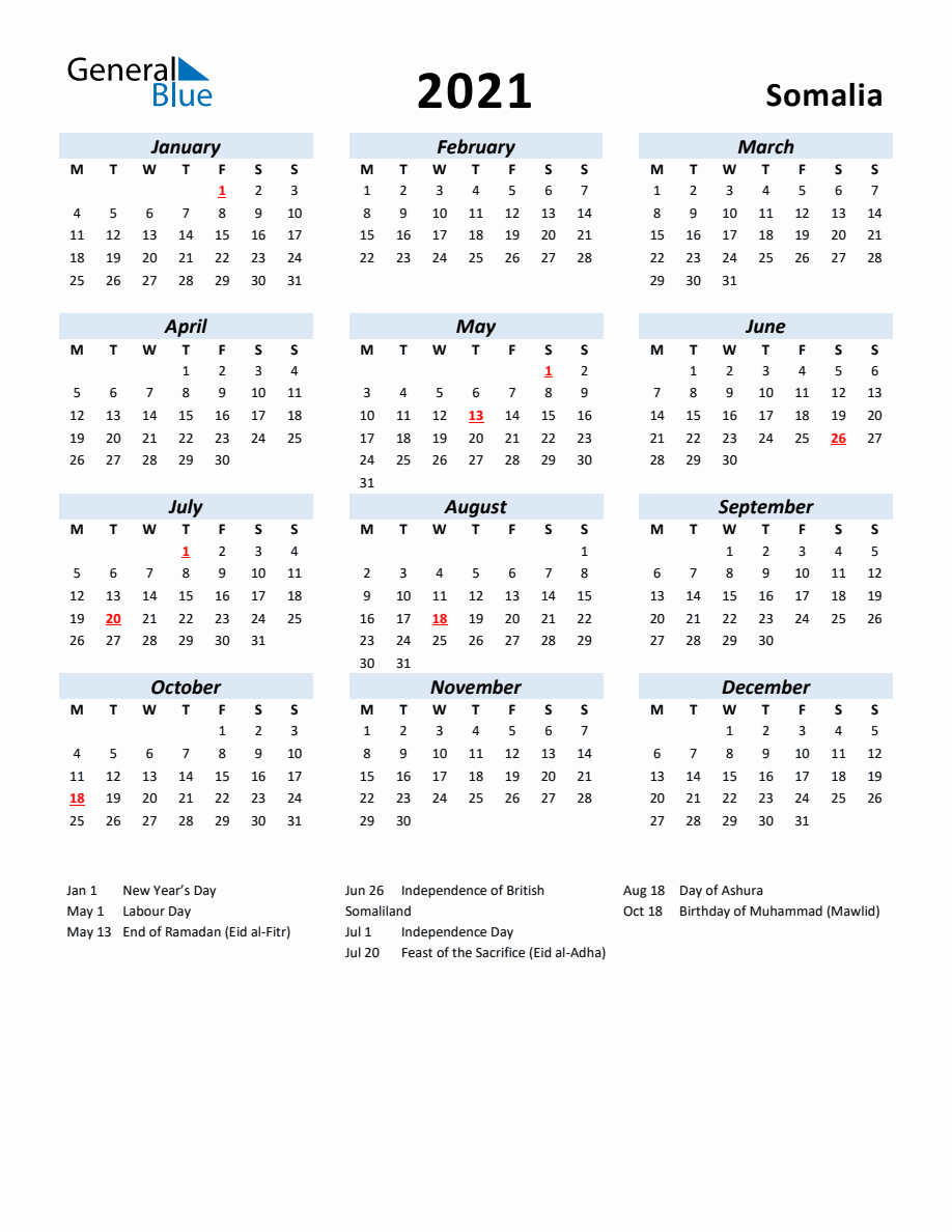2021 Yearly Calendar for Somalia with Holidays - Monday Start
