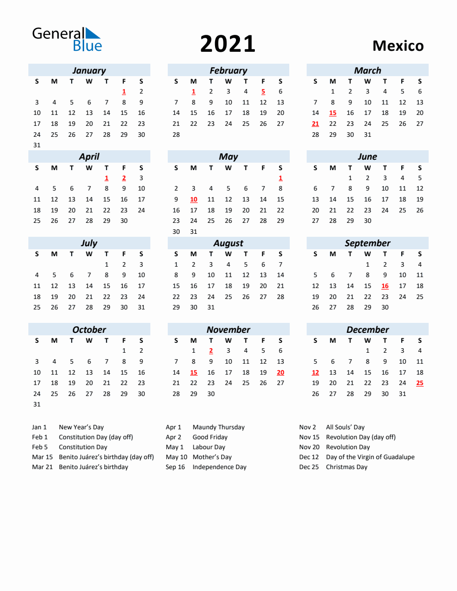 2021 Yearly Calendar for Mexico with Holidays