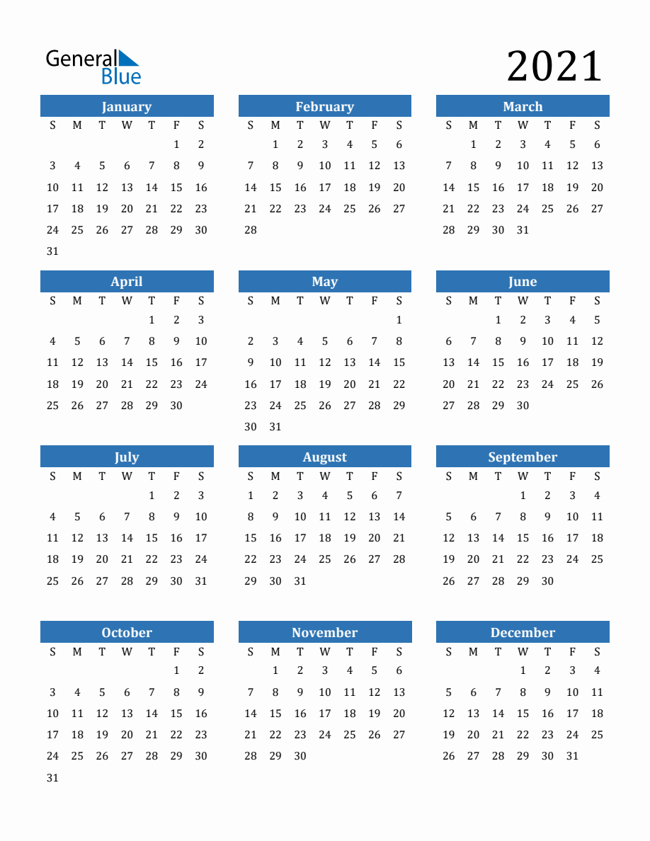 2021 Yearly Calendar