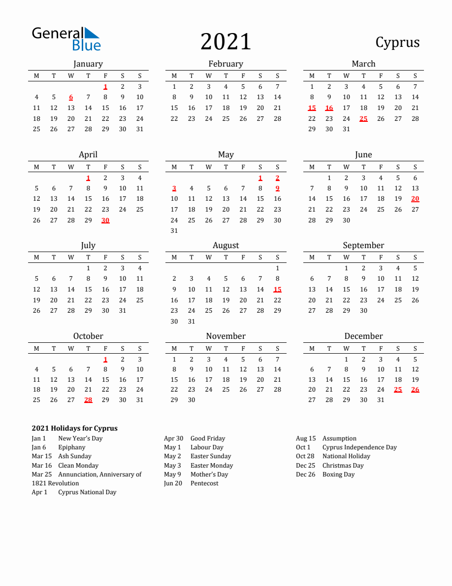 Free Cyprus Holidays Calendar for Year 2021 - Monday Start