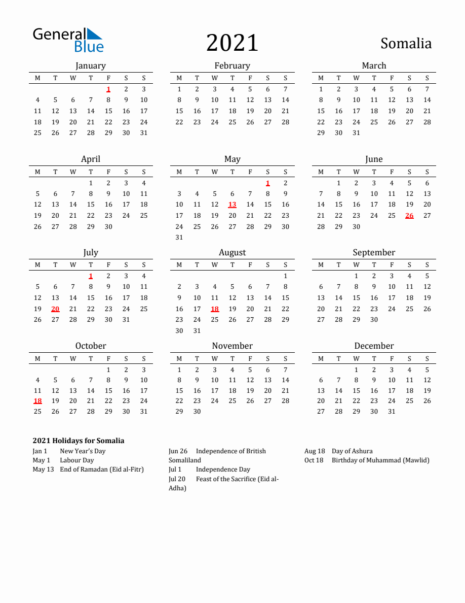 Free Somalia Holidays Calendar for Year 2021