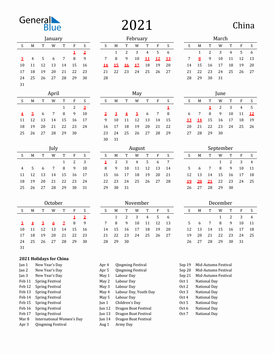 Free China Holidays Calendar for Year 2021