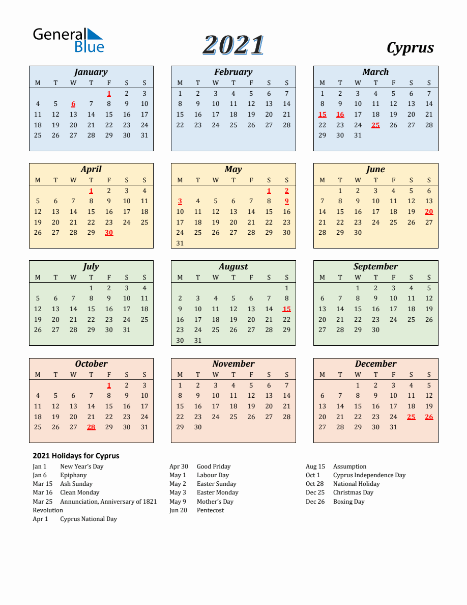 2021 Cyprus Calendar with Monday Start