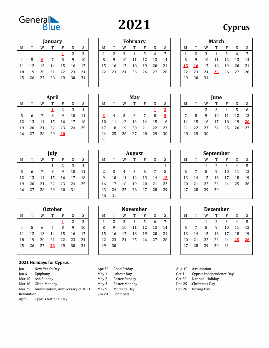 Free Printable 2021 Cyprus Holiday Calendar - Monday Start