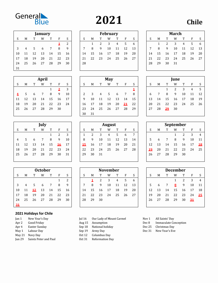 Free Printable 2021 Chile Holiday Calendar