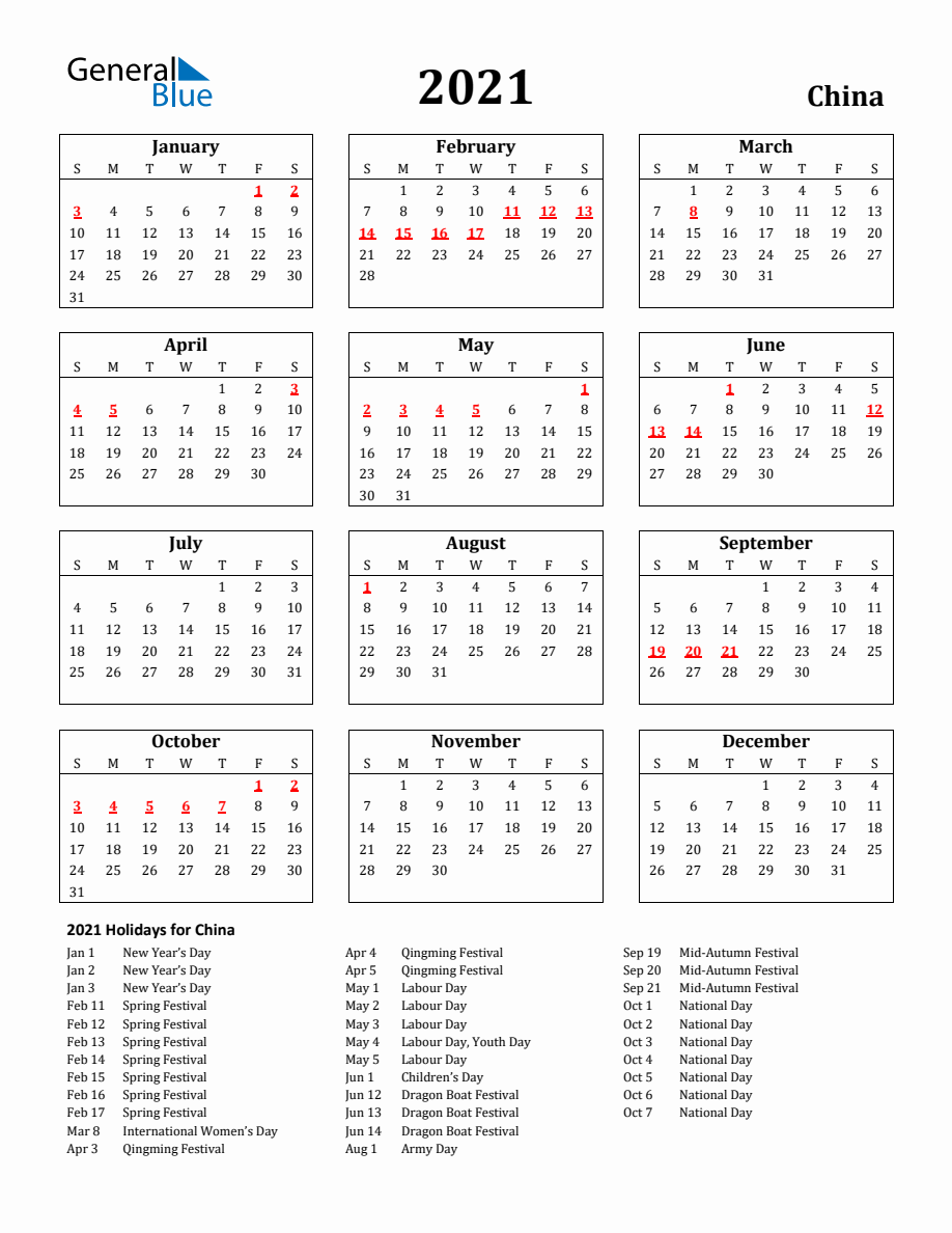 Free Printable 2021 China Holiday Calendar