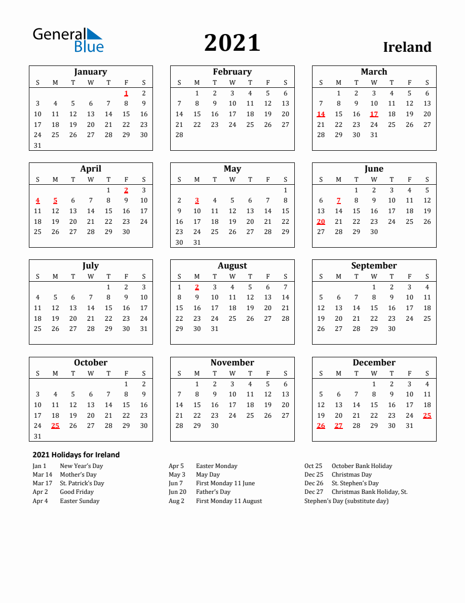 Free Printable 2021 Ireland Holiday Calendar