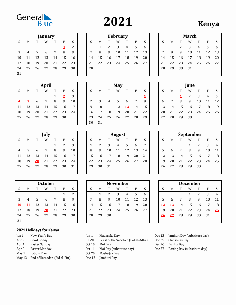 Free Printable 2021 Kenya Holiday Calendar