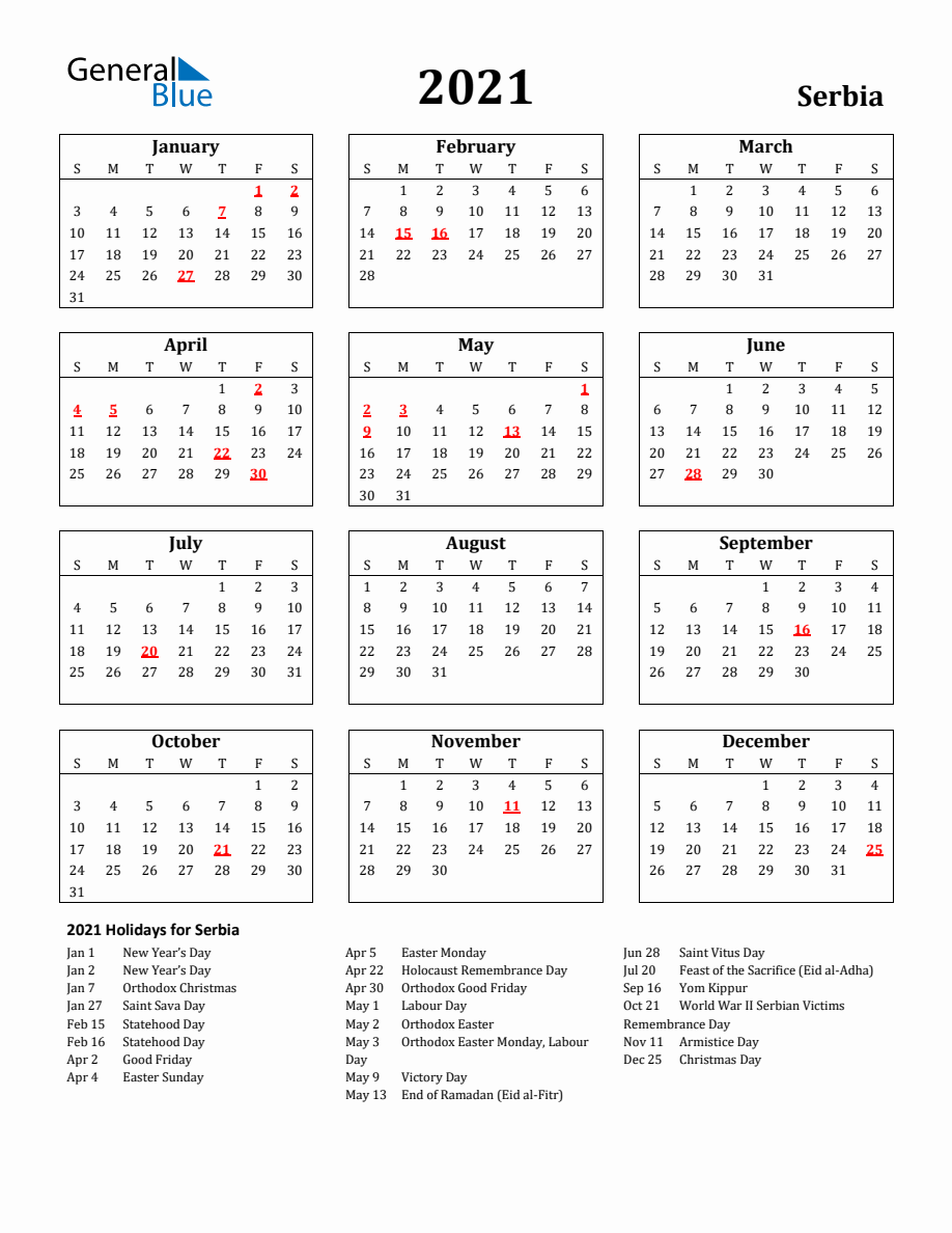 Free Printable 2021 Serbia Holiday Calendar