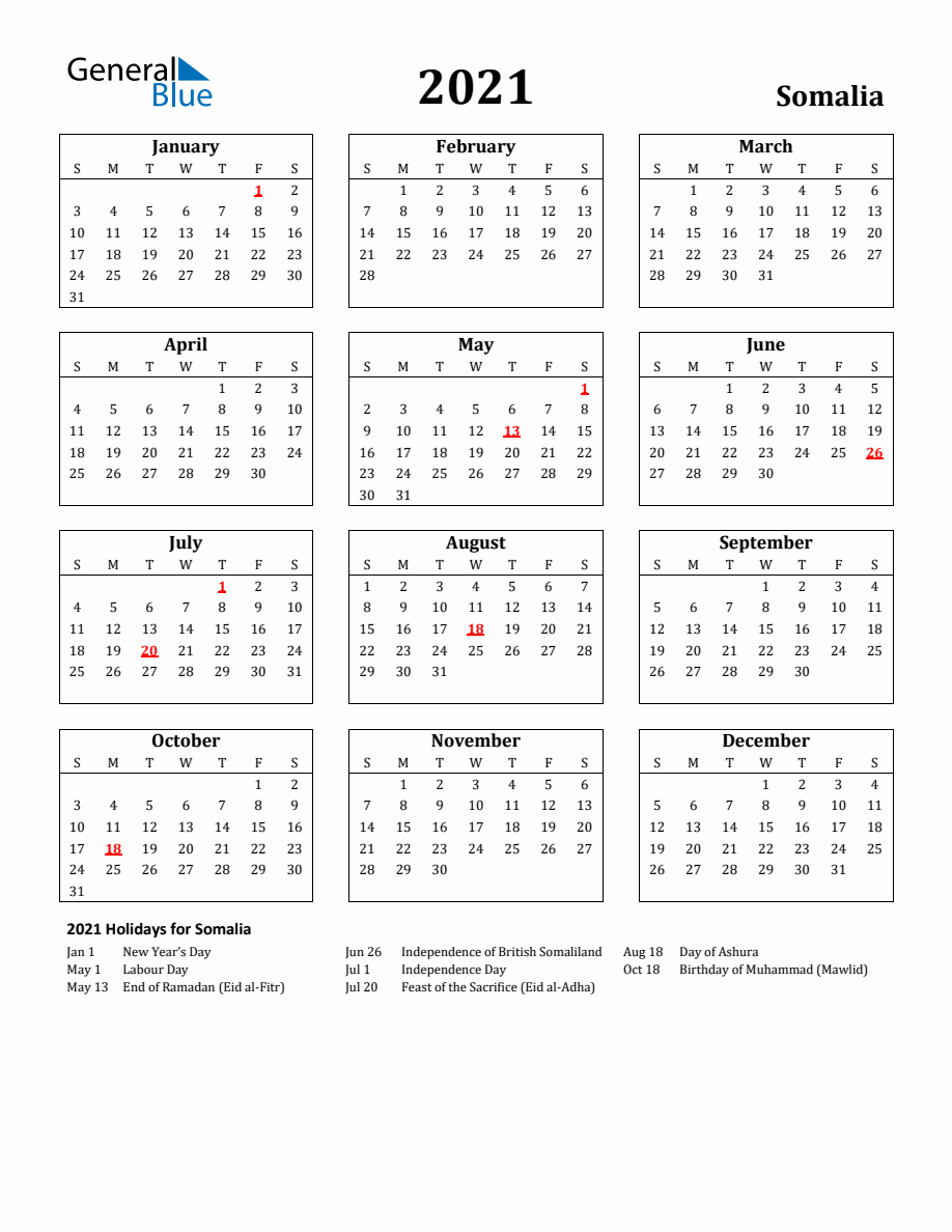 Free Printable 2021 Somalia Holiday Calendar