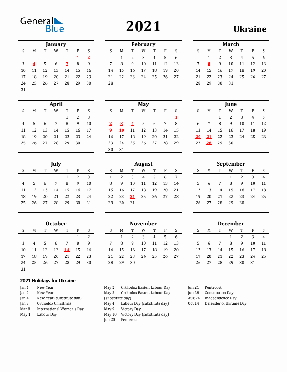 Free Printable 2021 Ukraine Holiday Calendar