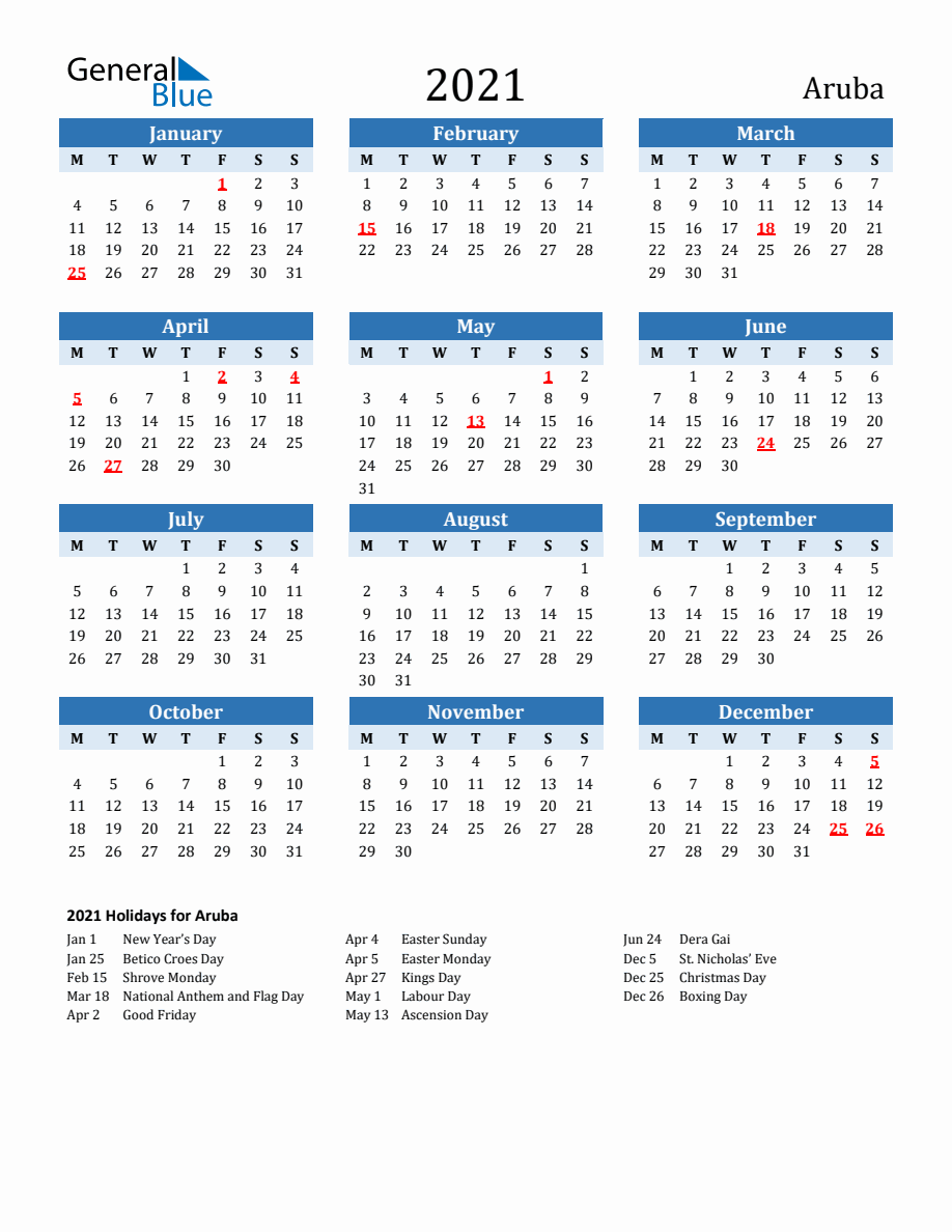 2021 Printable Calendar with Aruba Holidays - Monday Start