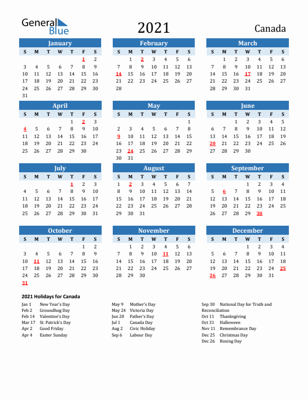 2021 Printable Calendar With Canada Holidays