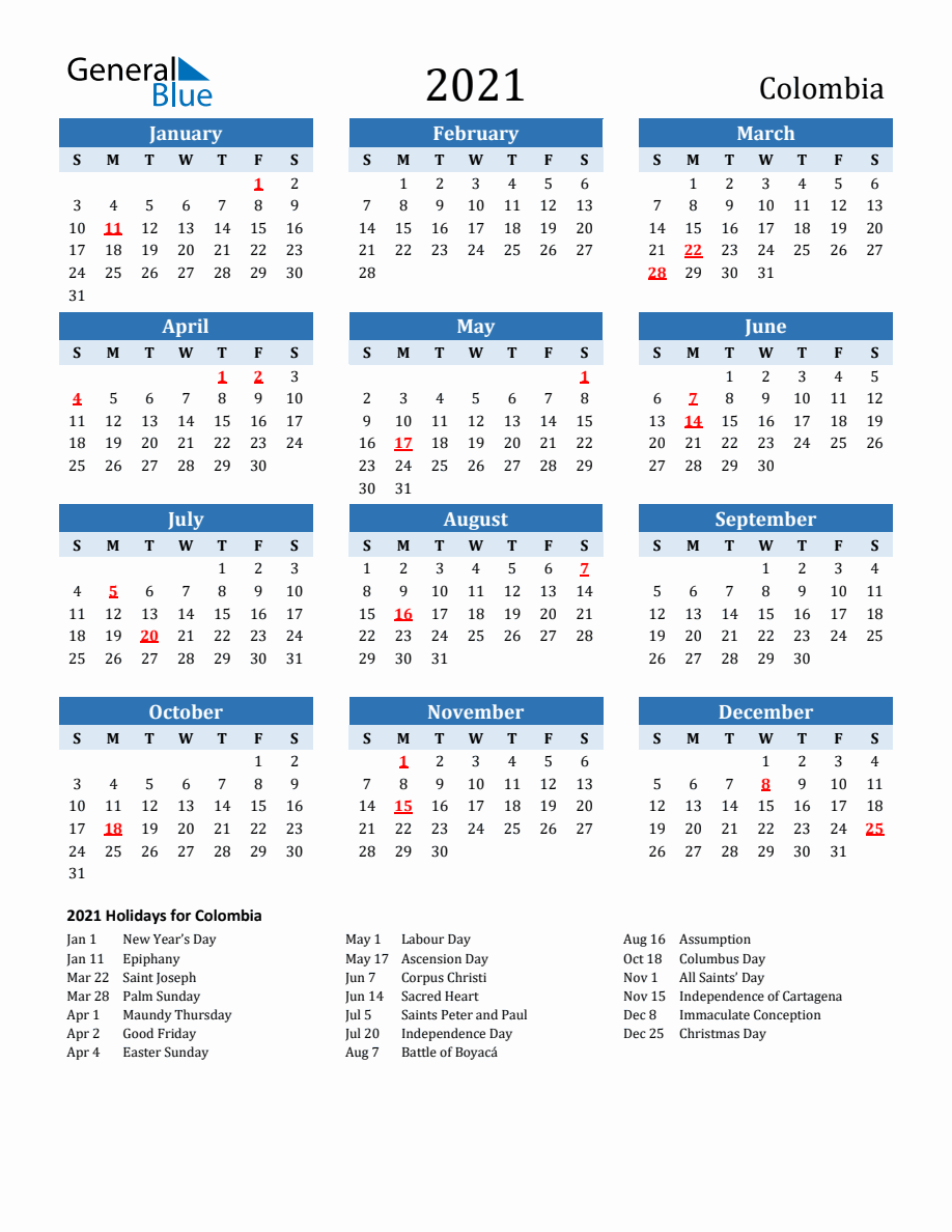 2021 Printable Calendar with Colombia Holidays