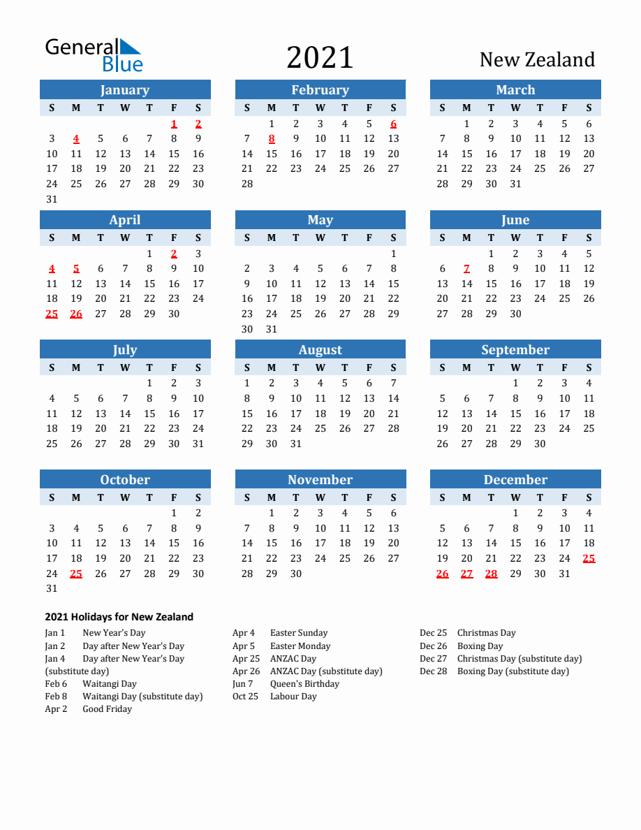 2021 Printable Calendar with New Zealand Holidays