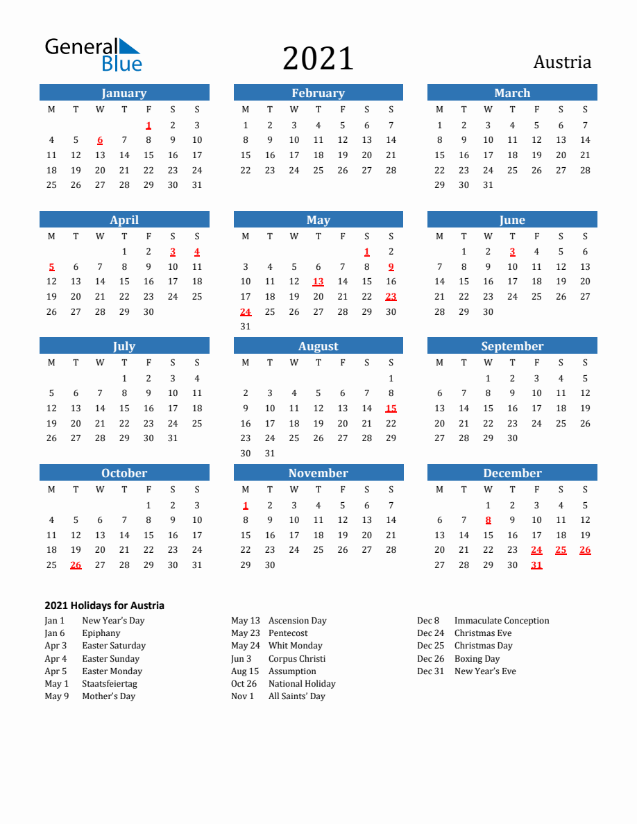 Austria 2021 Calendar with Holidays