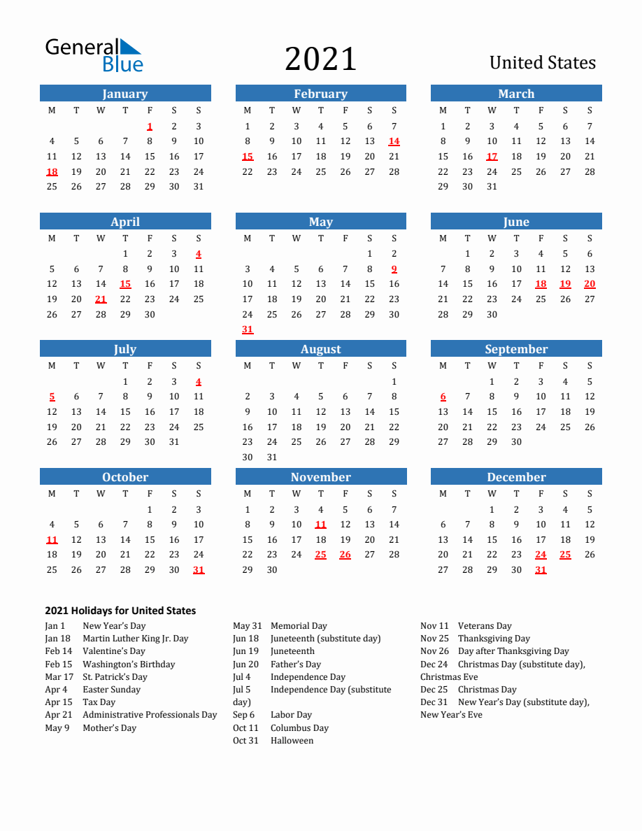 United States 2021 Calendar with Holidays - Monday Start