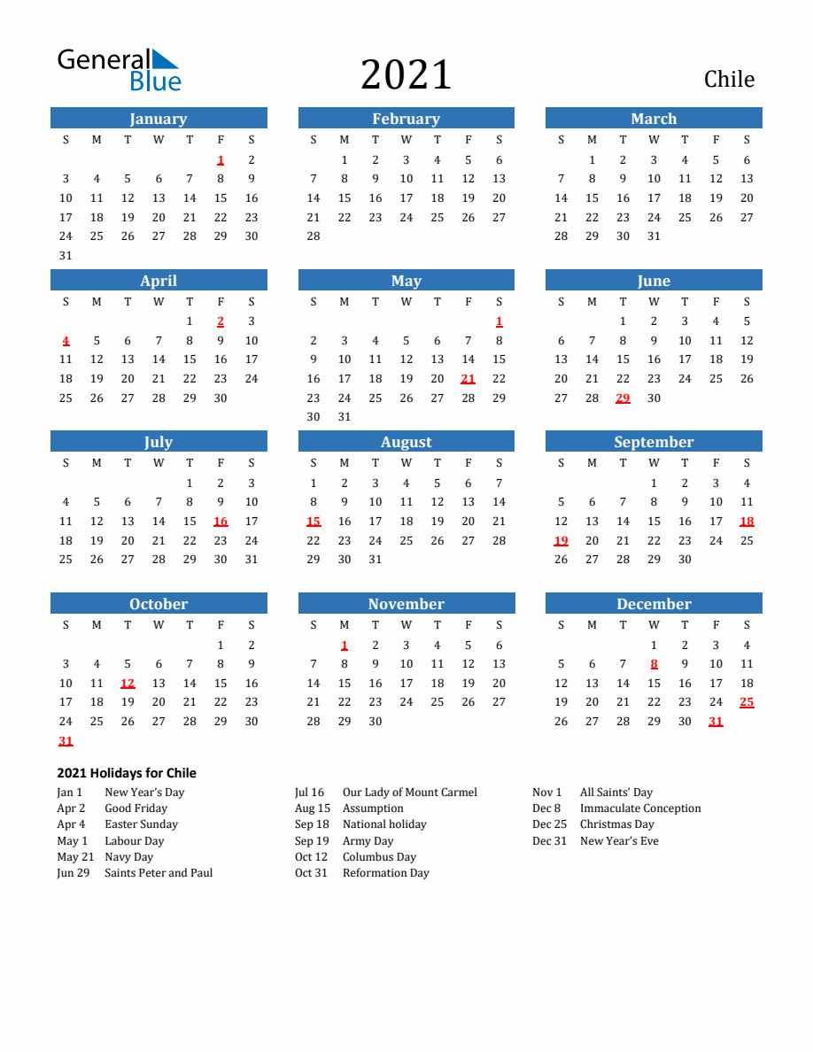 Chile 2021 Calendar with Holidays