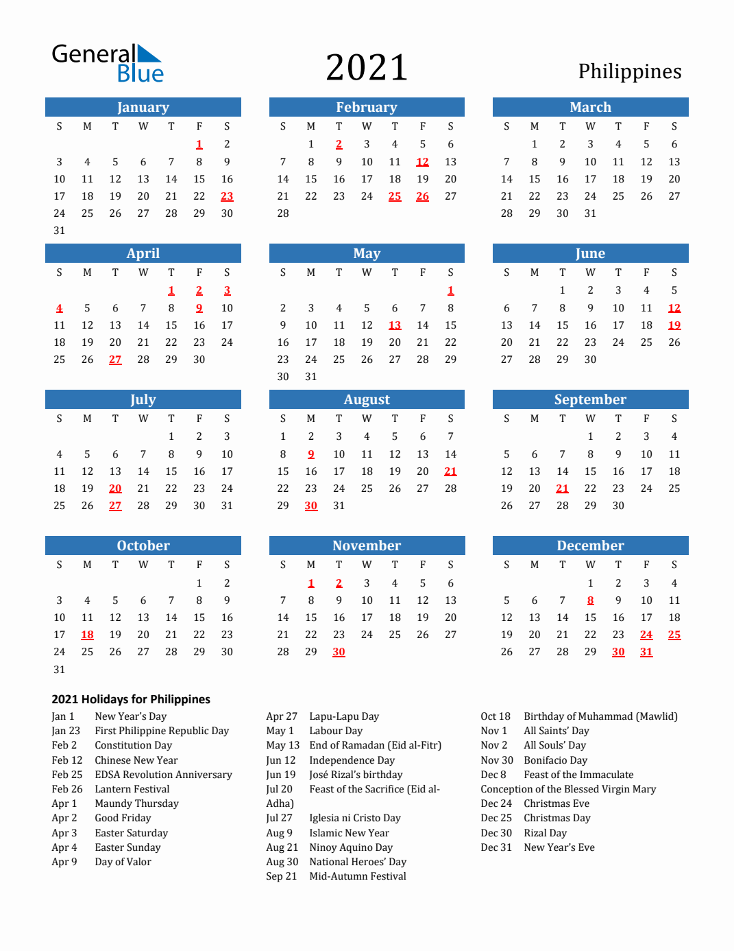 2021 Philippines Calendar with Holidays