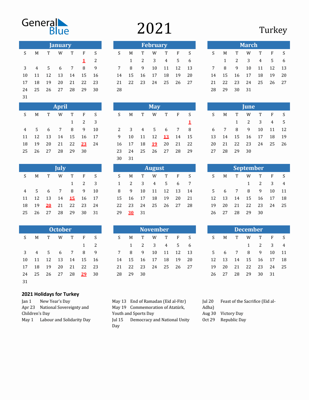 2021 Turkey Calendar with Holidays