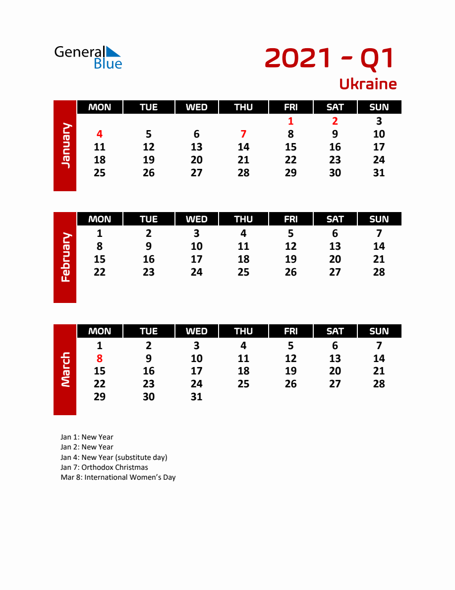 Q1 2021 Calendar with Holidays