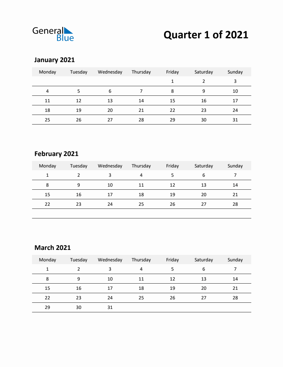 2021 Q1 Three-Month Calendar (January, February, and March) - Monday Start
