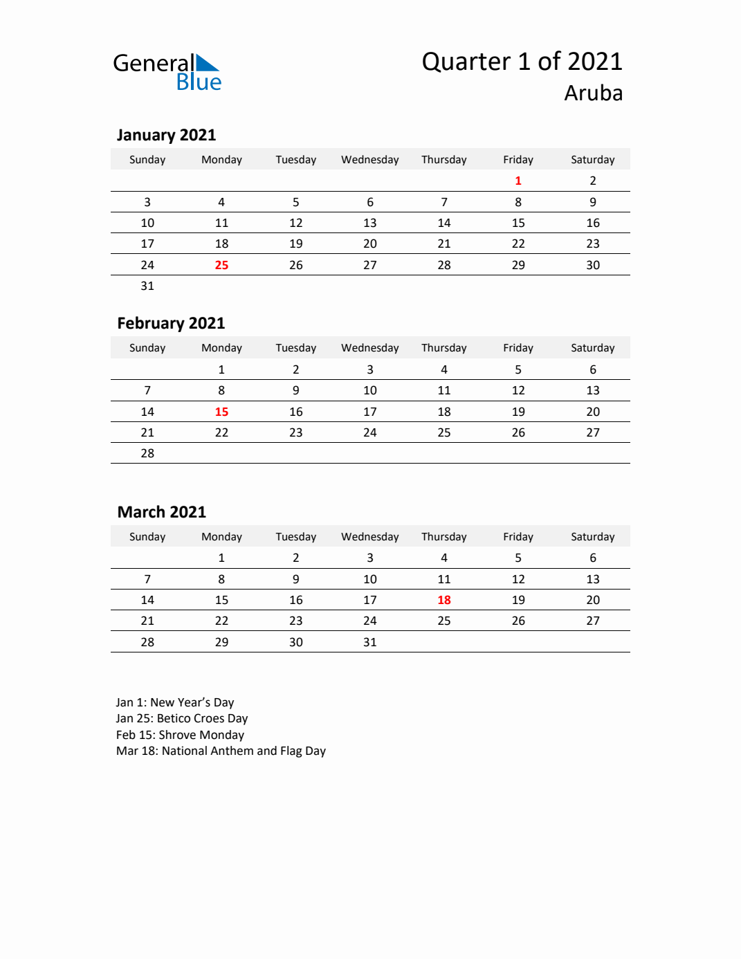 Q1 2021 Quarterly Calendar with Aruba Holidays (PDF, Excel, Word)