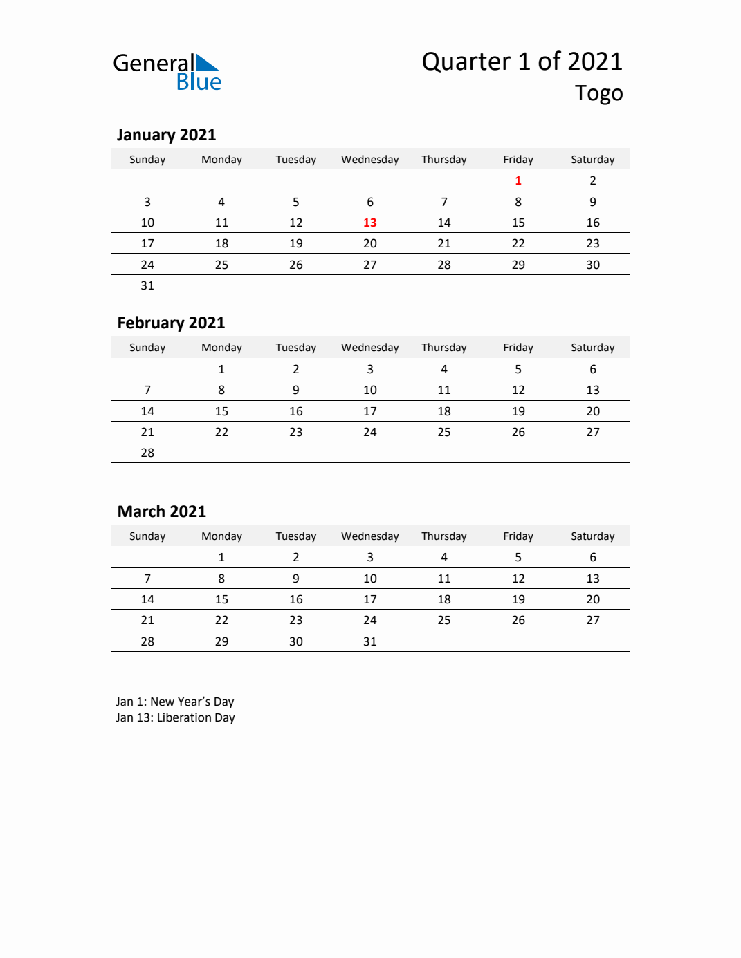 Q1 2021 Quarterly Calendar with Togo Holidays (PDF, Excel, Word)