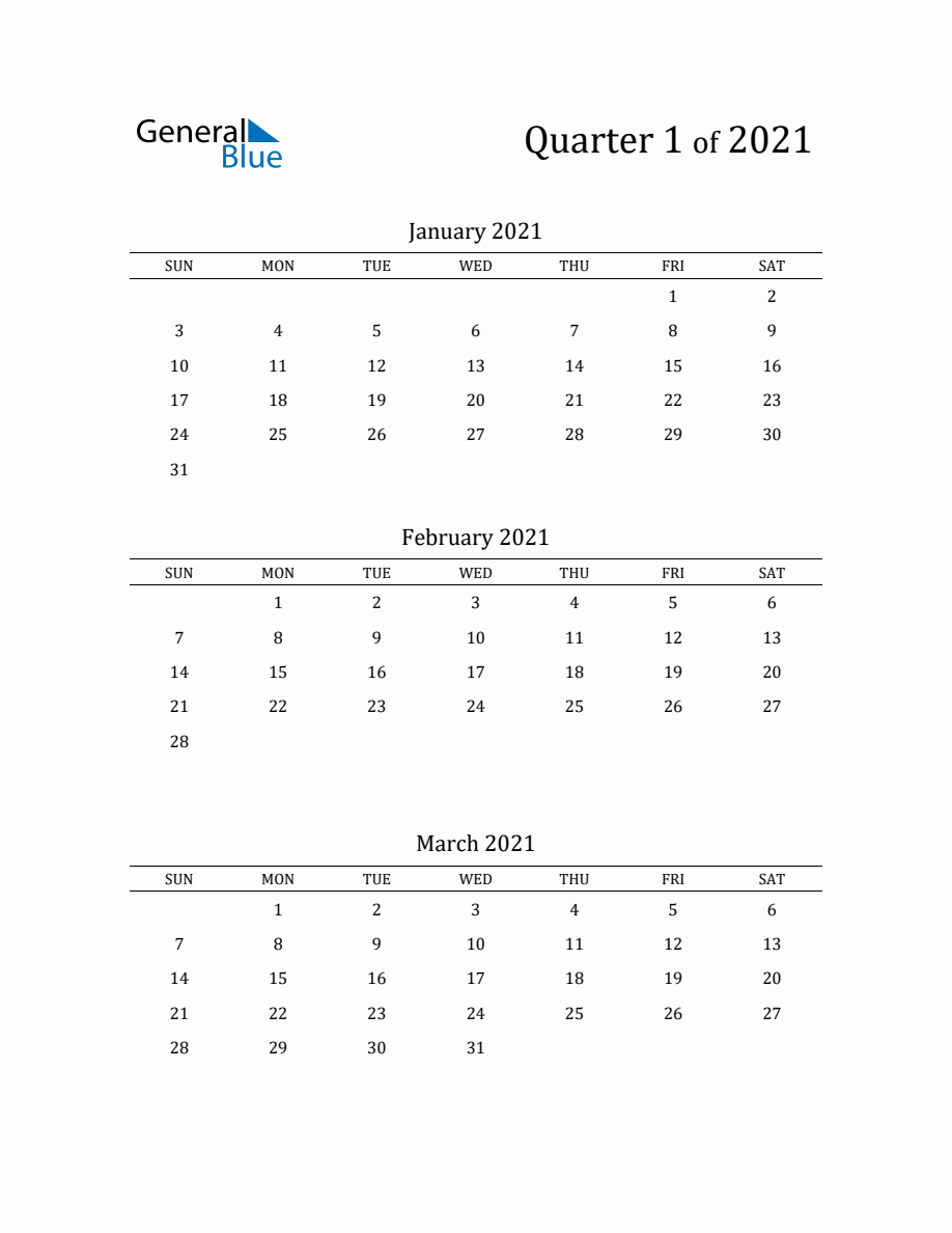 Three-Month Calendar Template (Quarter 1 2021)