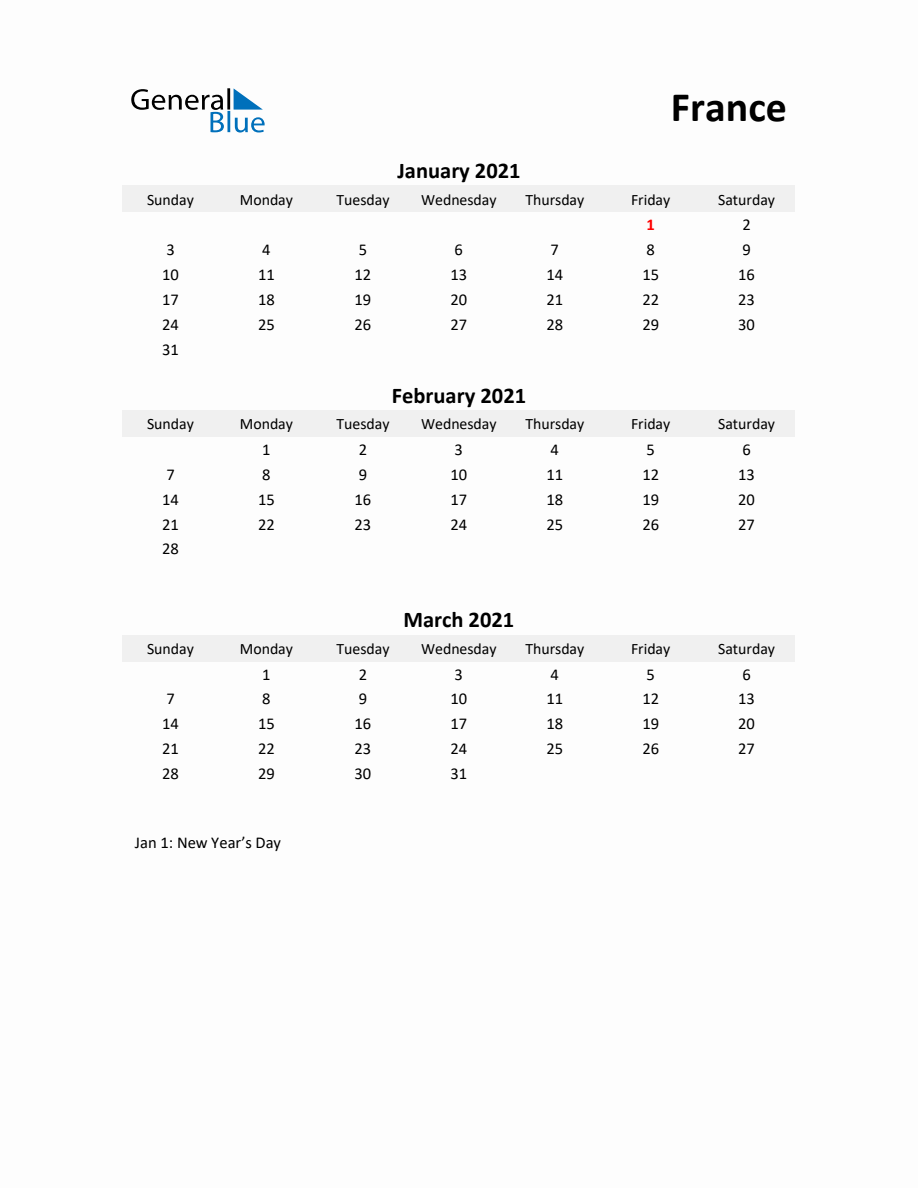 Printable Quarterly Calendar with Notes and France Holidays (Q1, 2021)