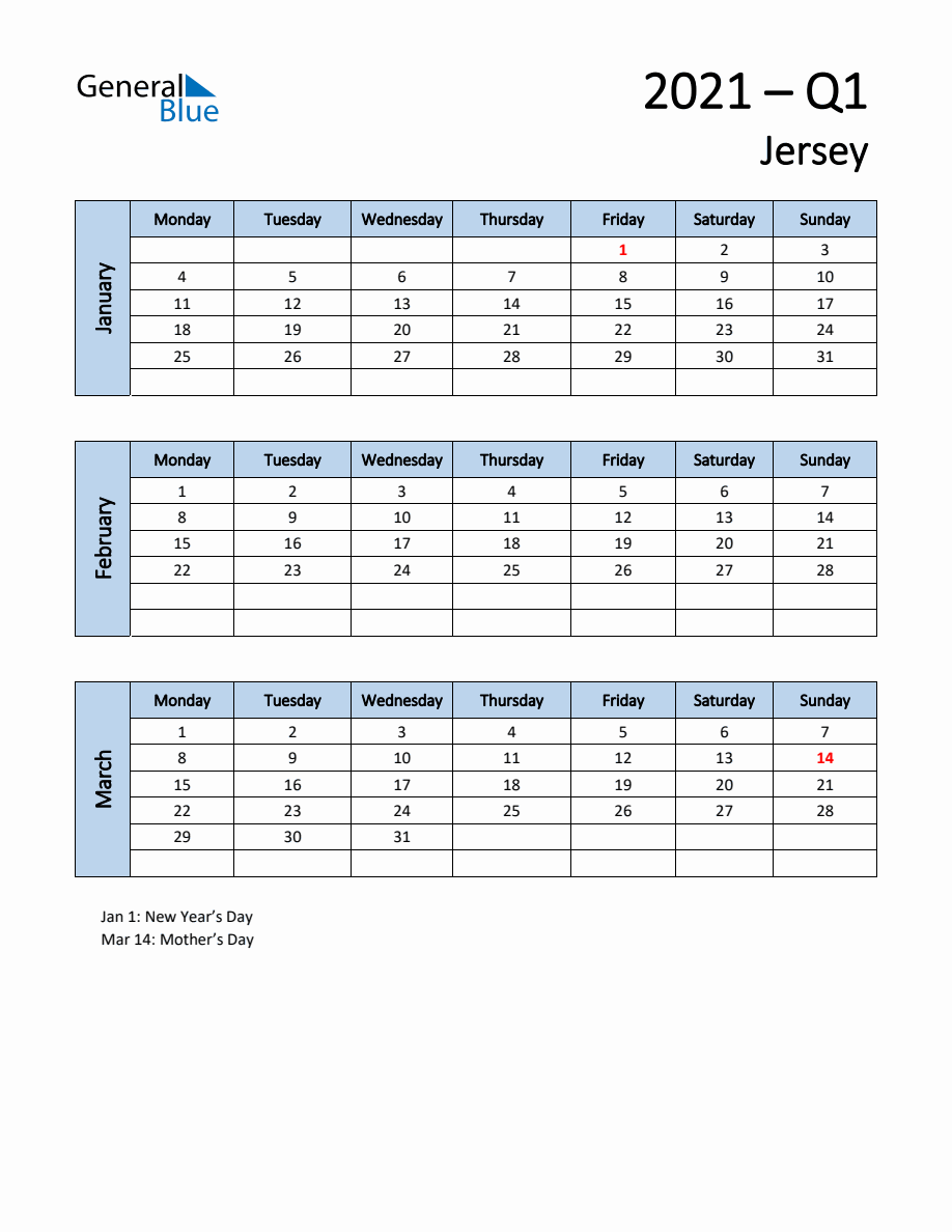 Free Q1 2021 Calendar for Jersey - Monday Start