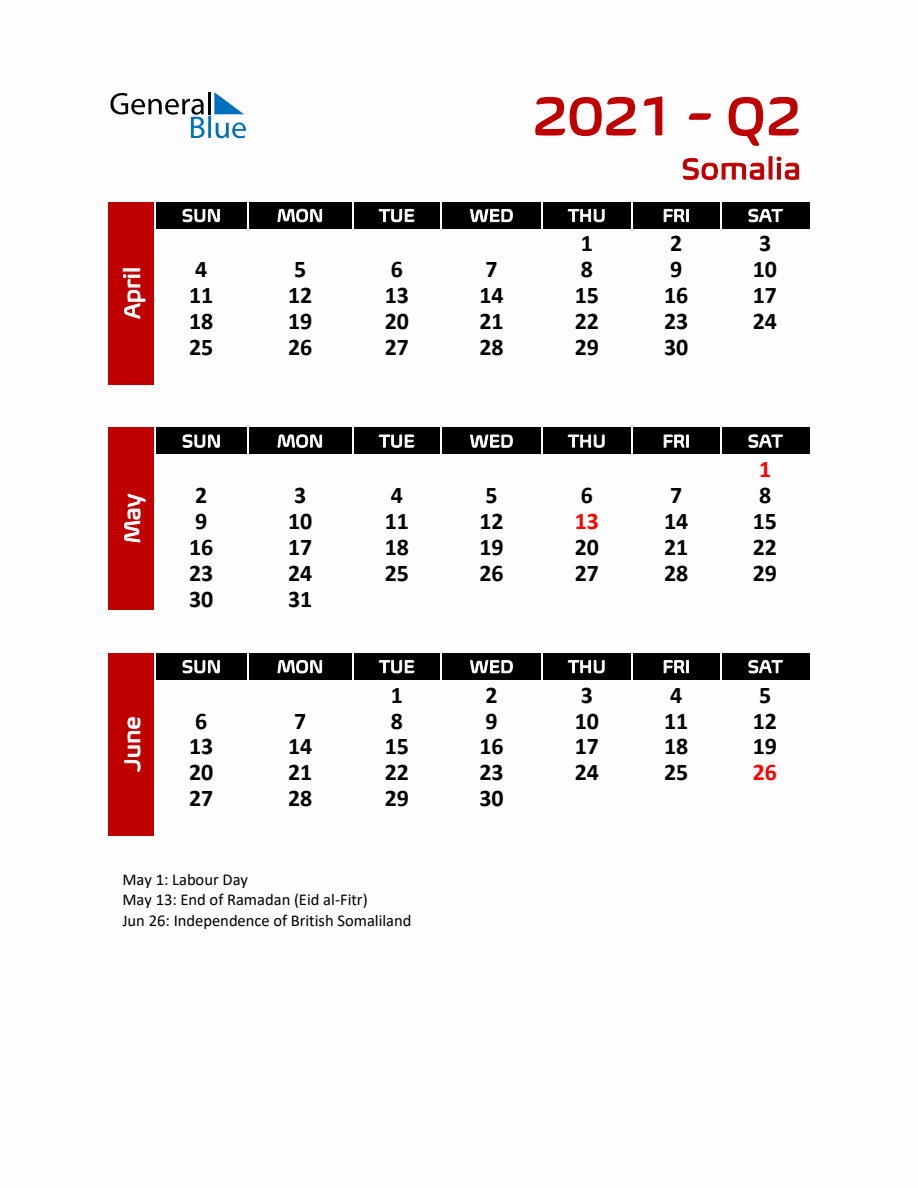 Q2 2021 Calendar with Holidays for Somalia
