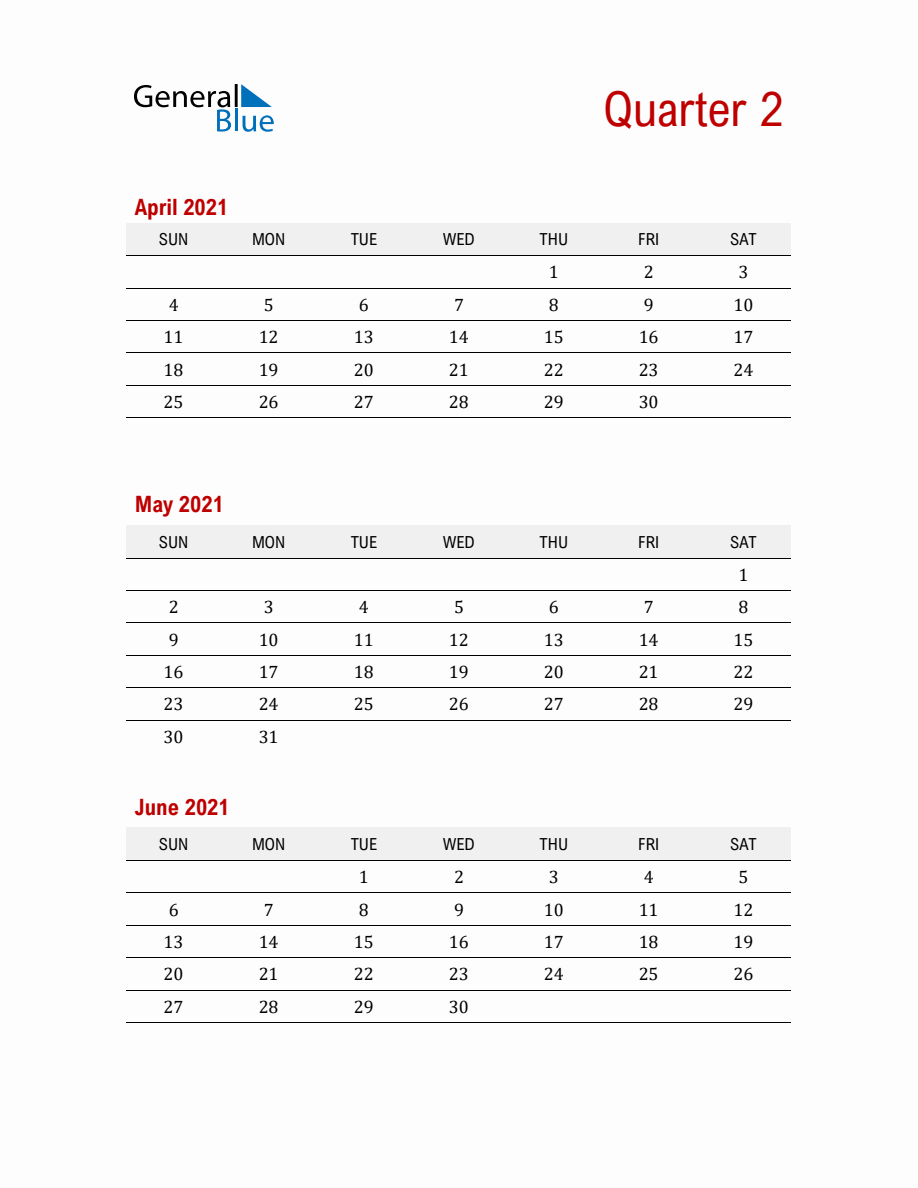 Quarter 2 2021 Calendar Printable (PDF, Word, Excel)