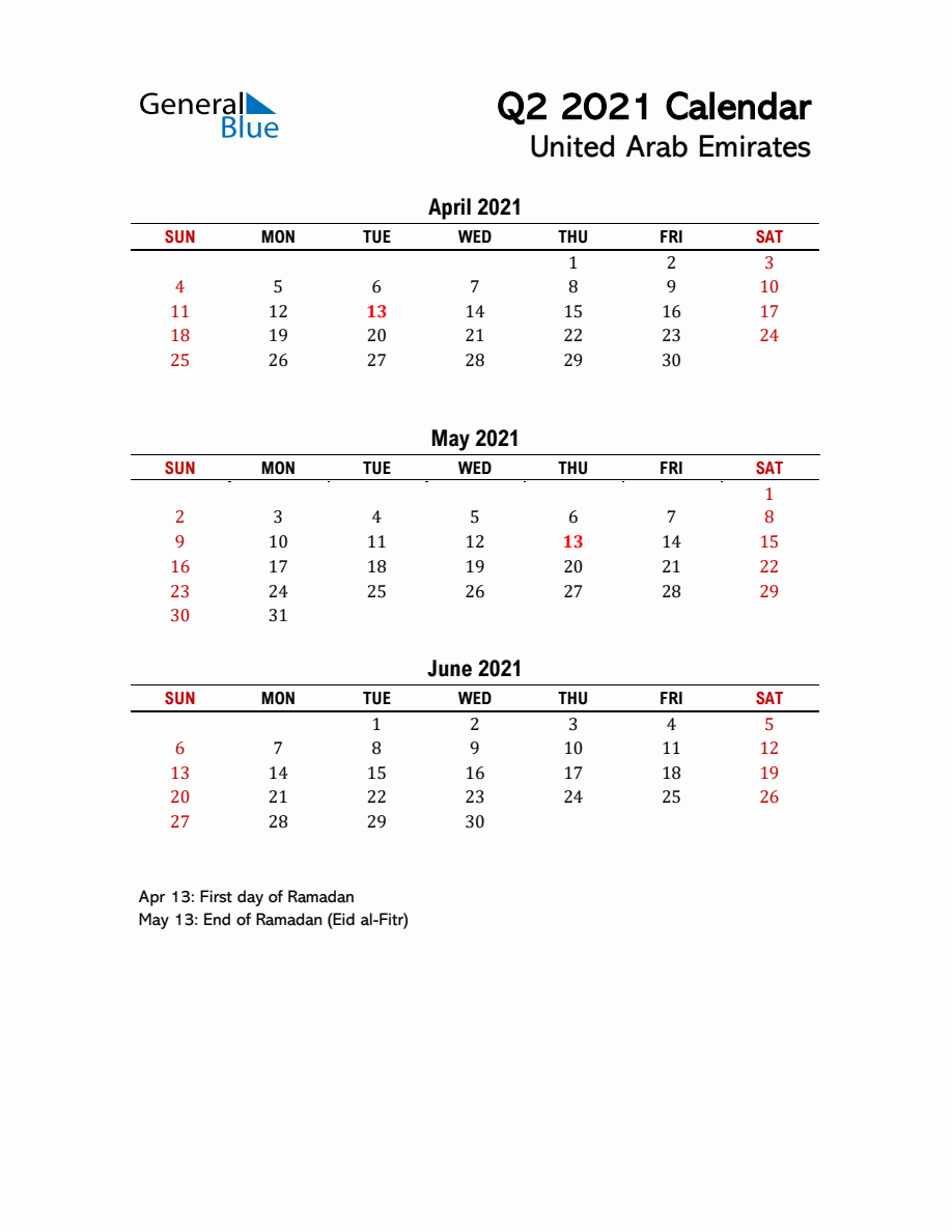 2021 Q2 Calendar with Holidays List for United Arab Emirates