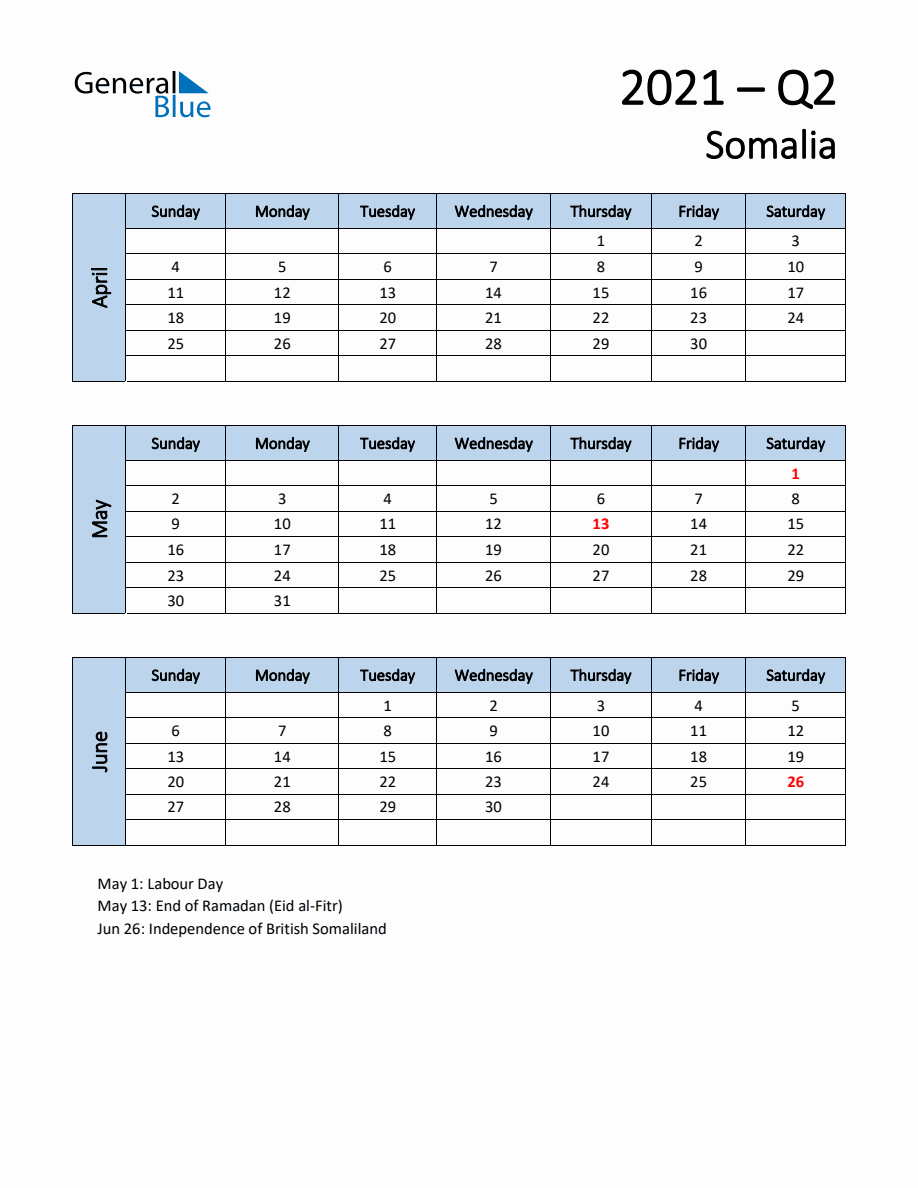 Free Q2 2021 Calendar for Somalia