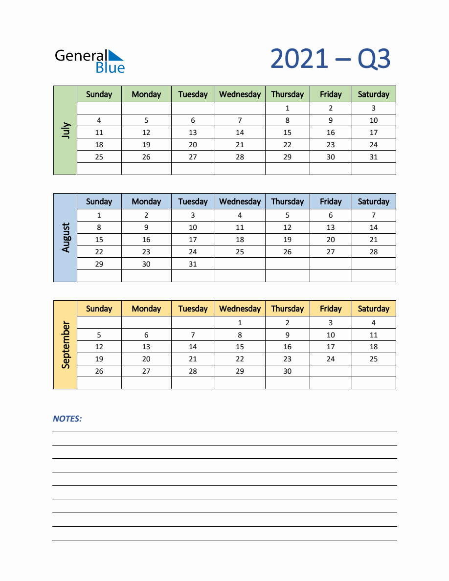 Three-Month Planner for Q3 2021 with Notes