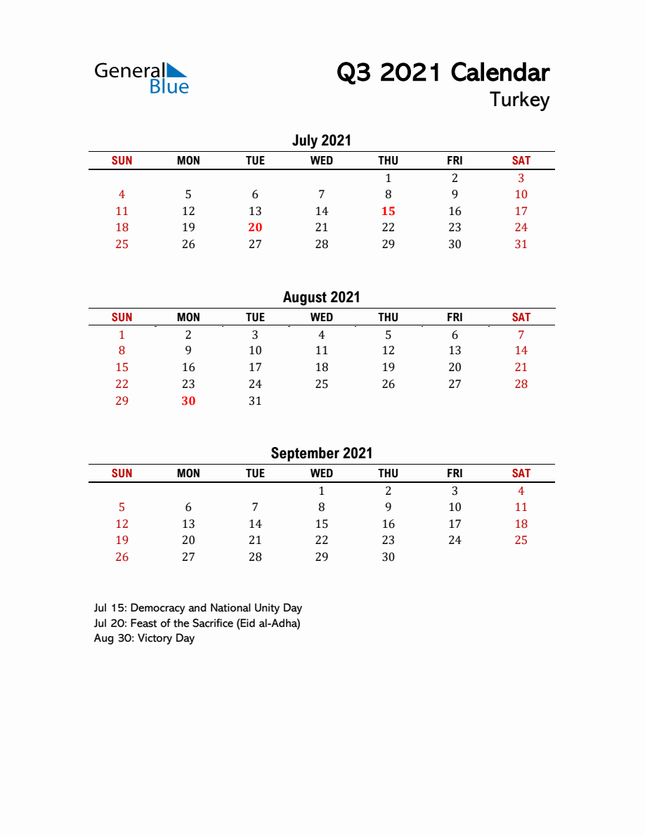 2021 Q3 Calendar with Holidays List for Turkey