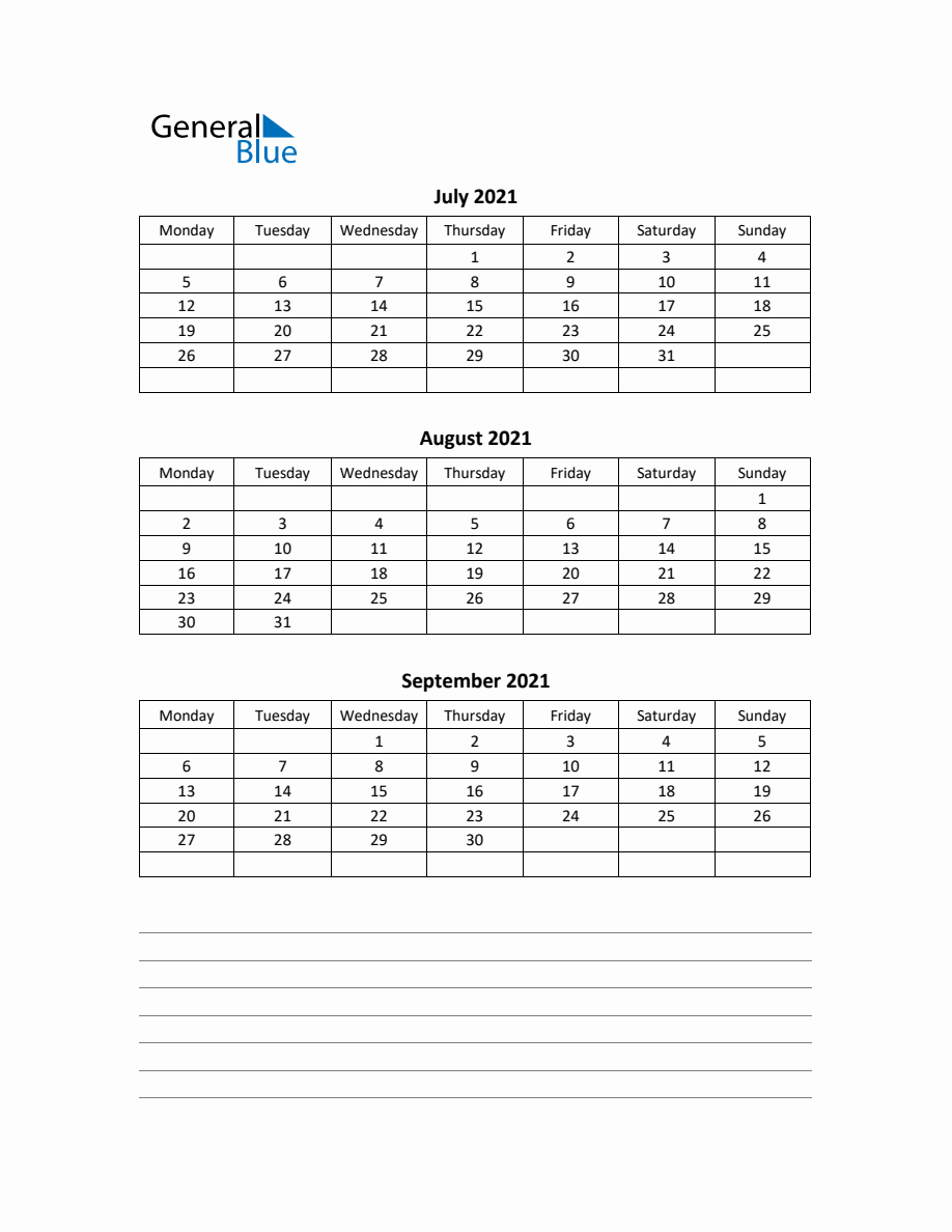 Free Printable Q3 Quarterly Calendar 2021 - Monday Start