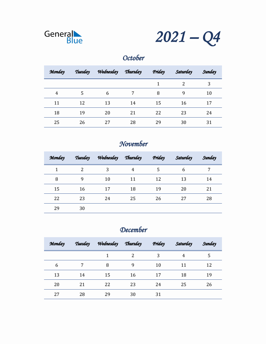 Quarterly Calendar for Quarter 4 2021 in PDF, Word, Excel - Monday Start