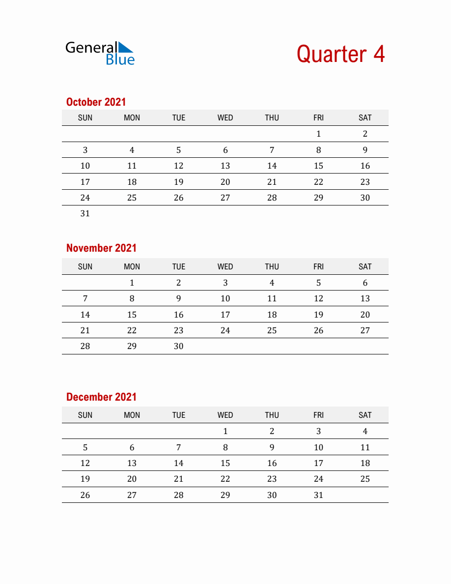 Quarter 4 2021 Calendar Printable (PDF, Word, Excel)