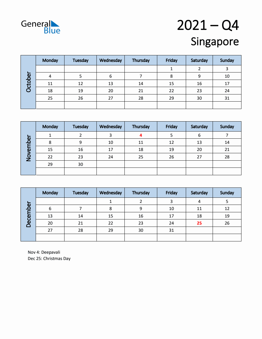 Free Q4 2021 Calendar for Singapore - Monday Start