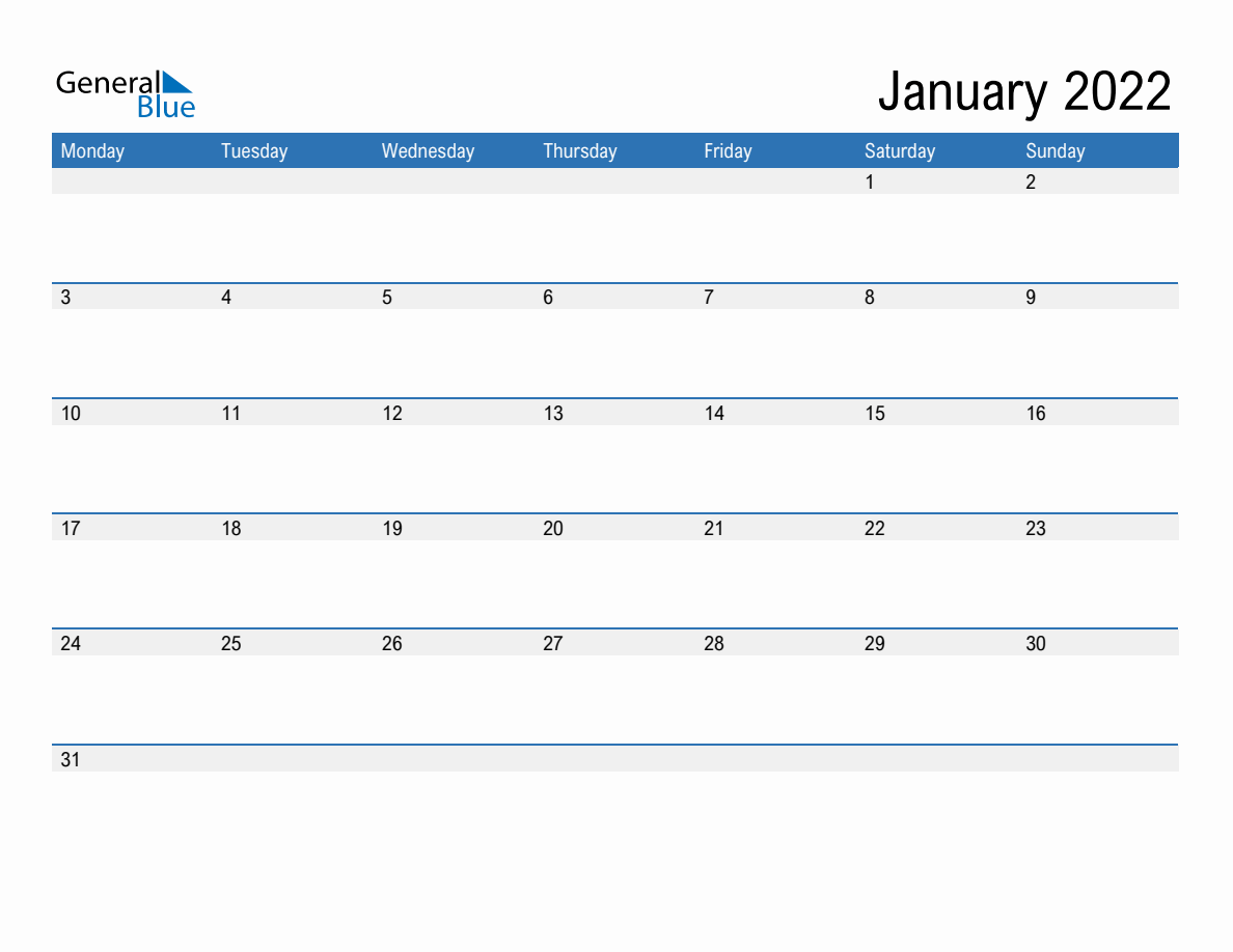Editable Calendar Template for January 2022 - Monday Start