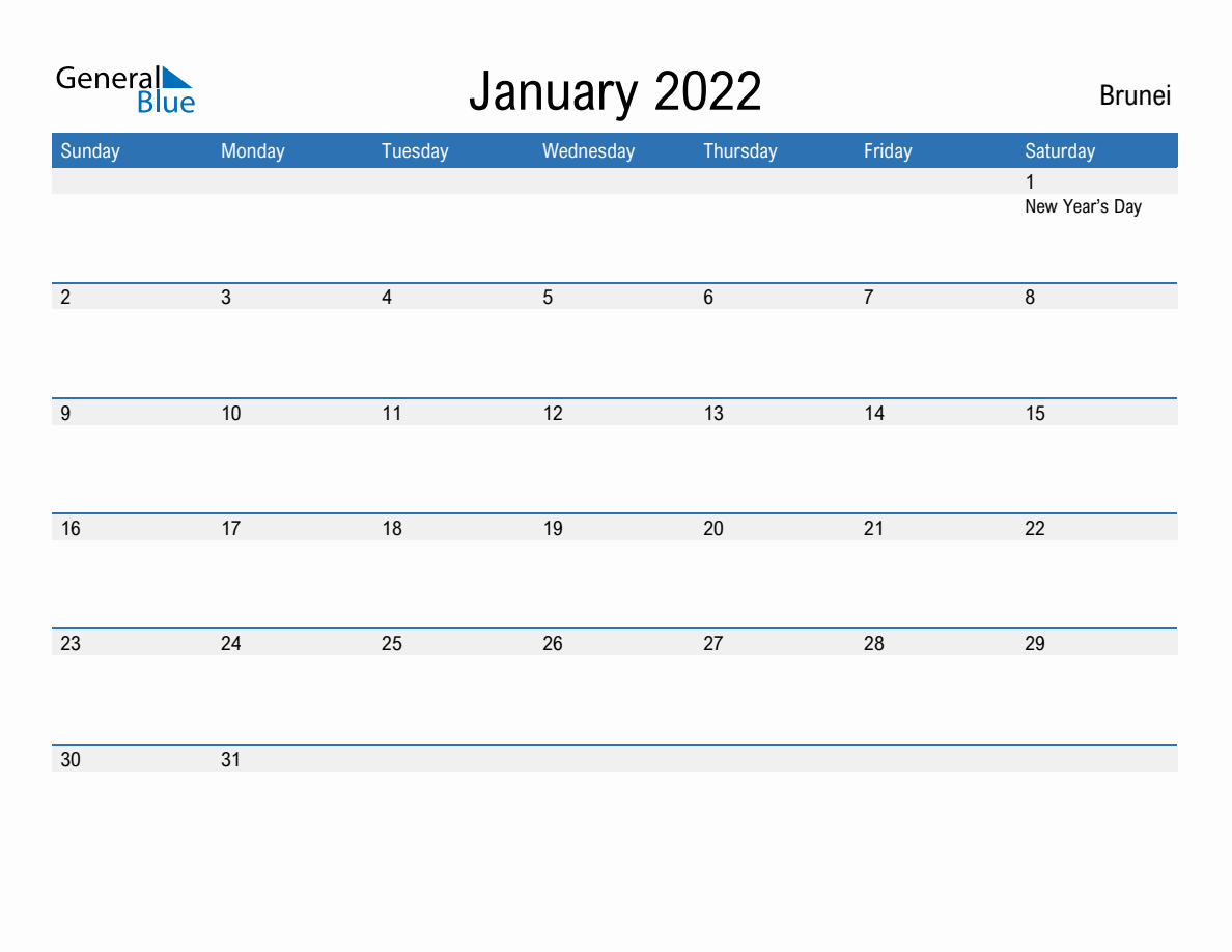 January 2022 Monthly Calendars with Brunei Holidays